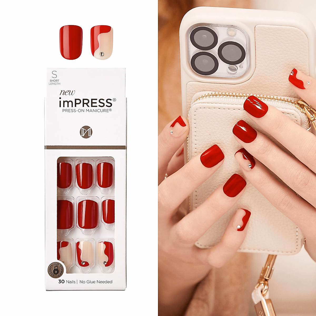 KISS imPRESS No Glue Mani Press On Nails, Design, 'Adore You', Red, Short Size, Squoval Shape, Includes 30 Nails, Prep Pad, Instructions Sheet, 1 Manicure Stick, 1 Mini File
