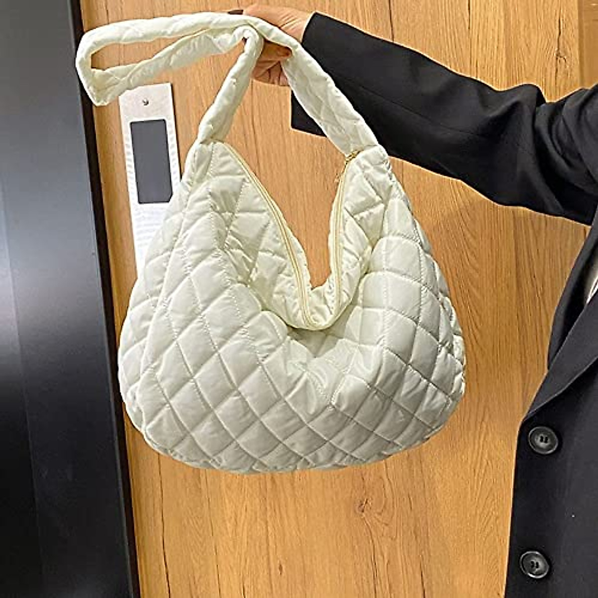 Women Shoulder Bag Lattice Pattern Shoulder Bag Large Capacity Tote Bags Space Cotton Quilted Shopper Bag(white)