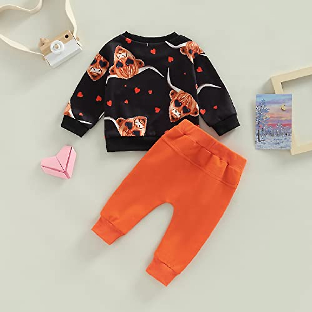 Newborn Baby Valentine's Outfits Set Infant Boy Girl Crewneck Sweatshirt Elastic Waist Pants Heart Print Fall Spring Clothes (Orange,18-24 Months)