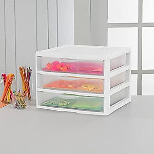Sterilite Clear Plastic Stackable Small 3 Drawer Storage System for Home Office, Dorm Room, or Bathrooms, White Frame, (6 Pack)