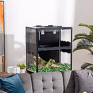 PawHut Reptile Glass Terrarium Tank, Breeding Box with Screen Ventilation, Lamp Holders, Hanging Basin for Lizards, Chameleon, Tortoise, 23.5" x 16" x 28"