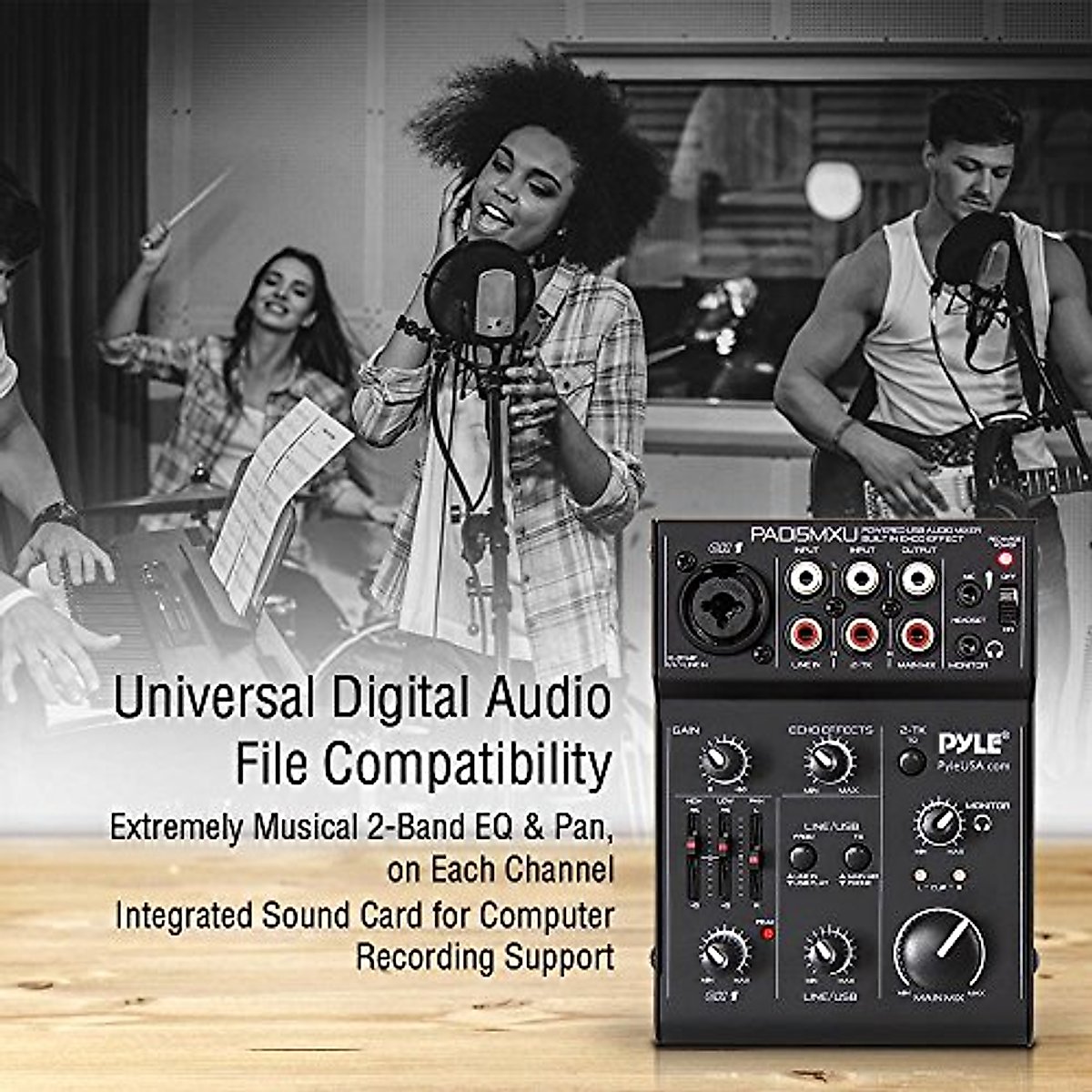 Pyle 3 Channel DJ Controller - USB Mixer Sound Audio Recording Interface with XLR & 3.5 mm Microphone Jack, Line In RCA, Rechargeable Battery, Mix Monitoring, For Professional/ Beginners - PAD15MXU