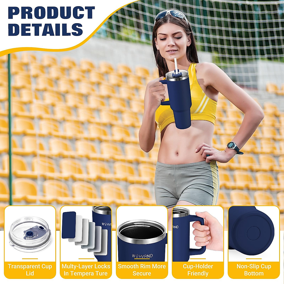 WYHVAND 40 oz Tumbler with Handle, Stainless Steel Insulated Tumbler with Lid and Straw Keeps Drinks Cold and Hot，The Best Birthday Gifts for Family，Friends -Navy