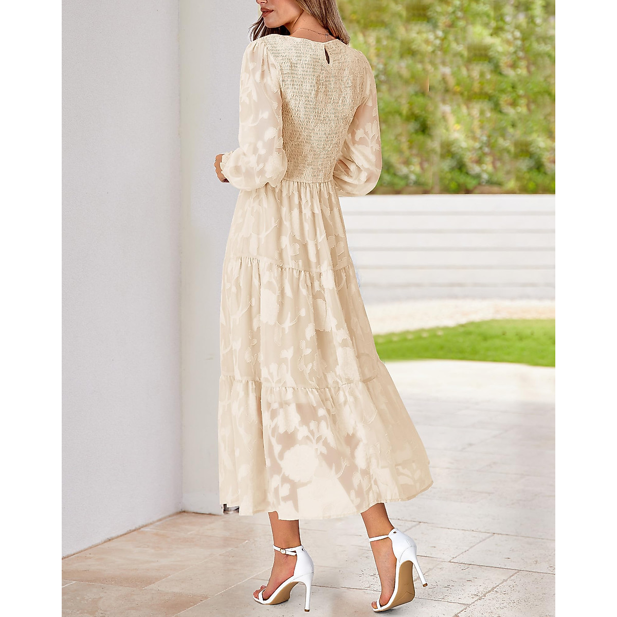 BTFBM Casual Women's 2025 Fall Dresses Elegant Wedding Guest Dress Long Sleeve Floral Midi Dress Flowy Bohemian Long Dress(Apricot,Small)