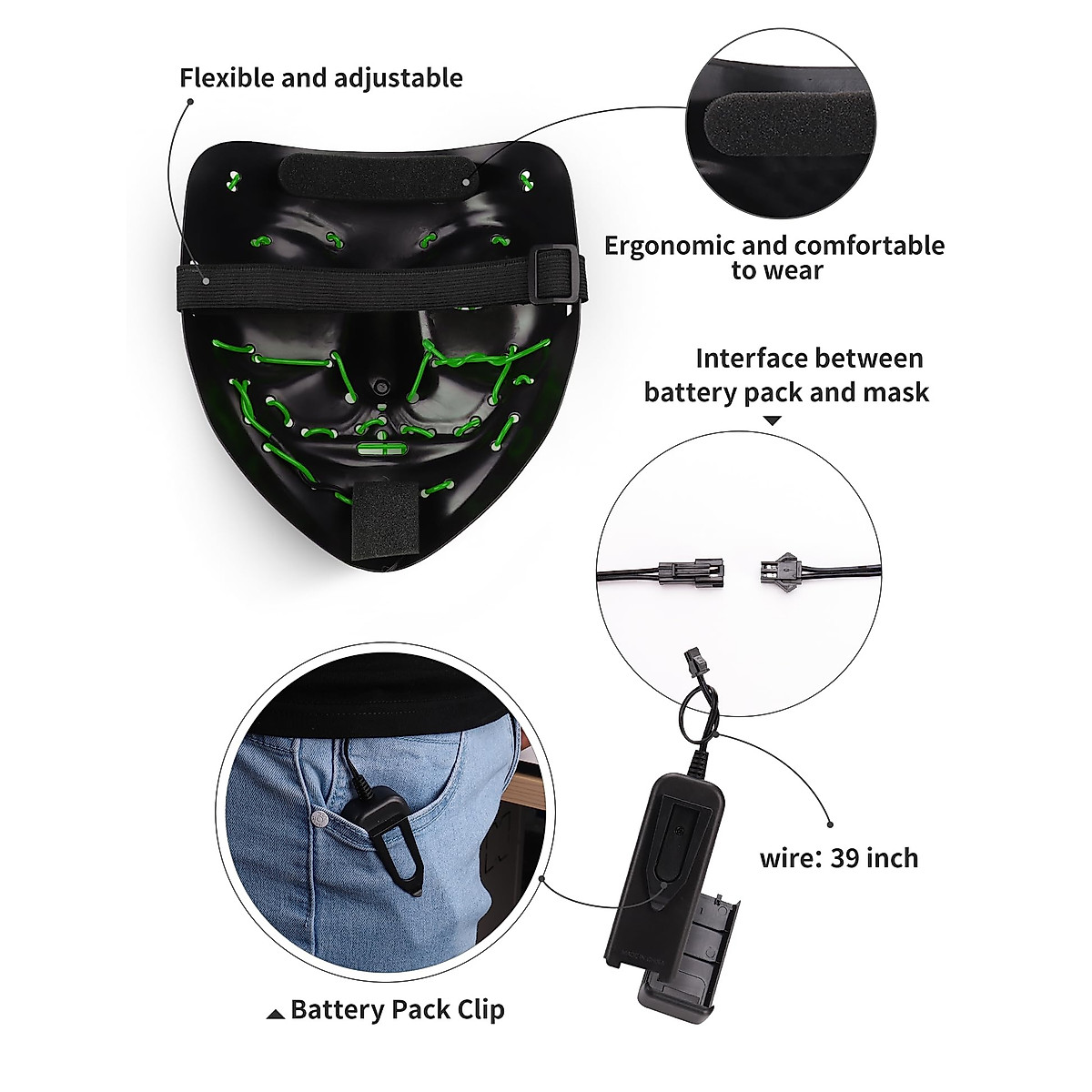 Colplay LED Light Up Halloween Mask,Scary Glow LED Face Mask with 3 Lighting Modes & El Wire for Costume&Cosplay Party.Adjustable&Eco-Friendly Material for Men Women Kid-Green