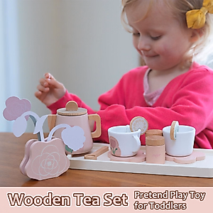 Pretend Play Kitchen Set for Toddlers, Wooden Tea Set for Little Girls, Wood Toy Coffee Maker Set for Kids
