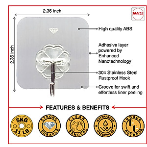 KLAPiT Super Hook - Heavy-Duty Adhesive Wall Hooks, Holds Up to 11 lbs, Waterproof, No Damage, Easy Install on Tile, Wood, Stone, Glass & Metal - Made of Steel (Clear, 4pc)