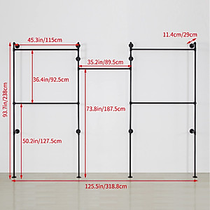 EDCB Industrial Pipe Clothes Rack, Heavy Duty Detachable Wall Mounted Black Iron Garment Bar, Clothing Store Display Stands Garment Rack Closet System (125.5 x 93.7inch)