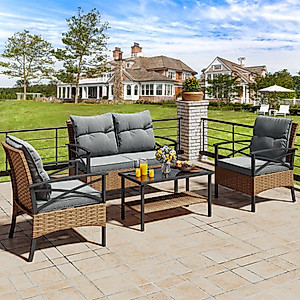 YITAHOME 4-Piece Patio Furniture Wicker Outdoor Bistro Set, All-Weather Rattan Conversation Loveseat Chairs for Backyard, Balcony and Deck with Soft Cushions and Metal Table (Light Brown+Gray)