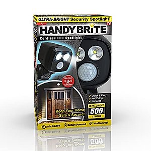 Ontel Handy Brite Ultra-Bright Cordless LED Security Spotlight, 500 Lumens, Motion-Activated, Battery Powered, Weatherproof Light with Auto On/Off - Quick & Easy Set Up, No Wiring