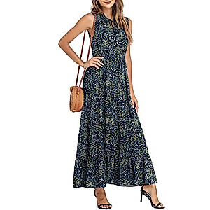 CZYINXIAN Women’s Sleeveless Maxi Dress Floral Printed Tie Neck Long Dress High Waist Pleated A Line Dresses for Women(Flower Navy Blue,Medium)