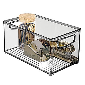 mDesign Plastic Rectangular Drawer Organizer Storage Bin Holder with Handles - for Home Office, Living Room, Kitchen, Bathroom, Bedroom; Desk Drawer - Holds Office Accessories - 4 Pack - Smoke Gray