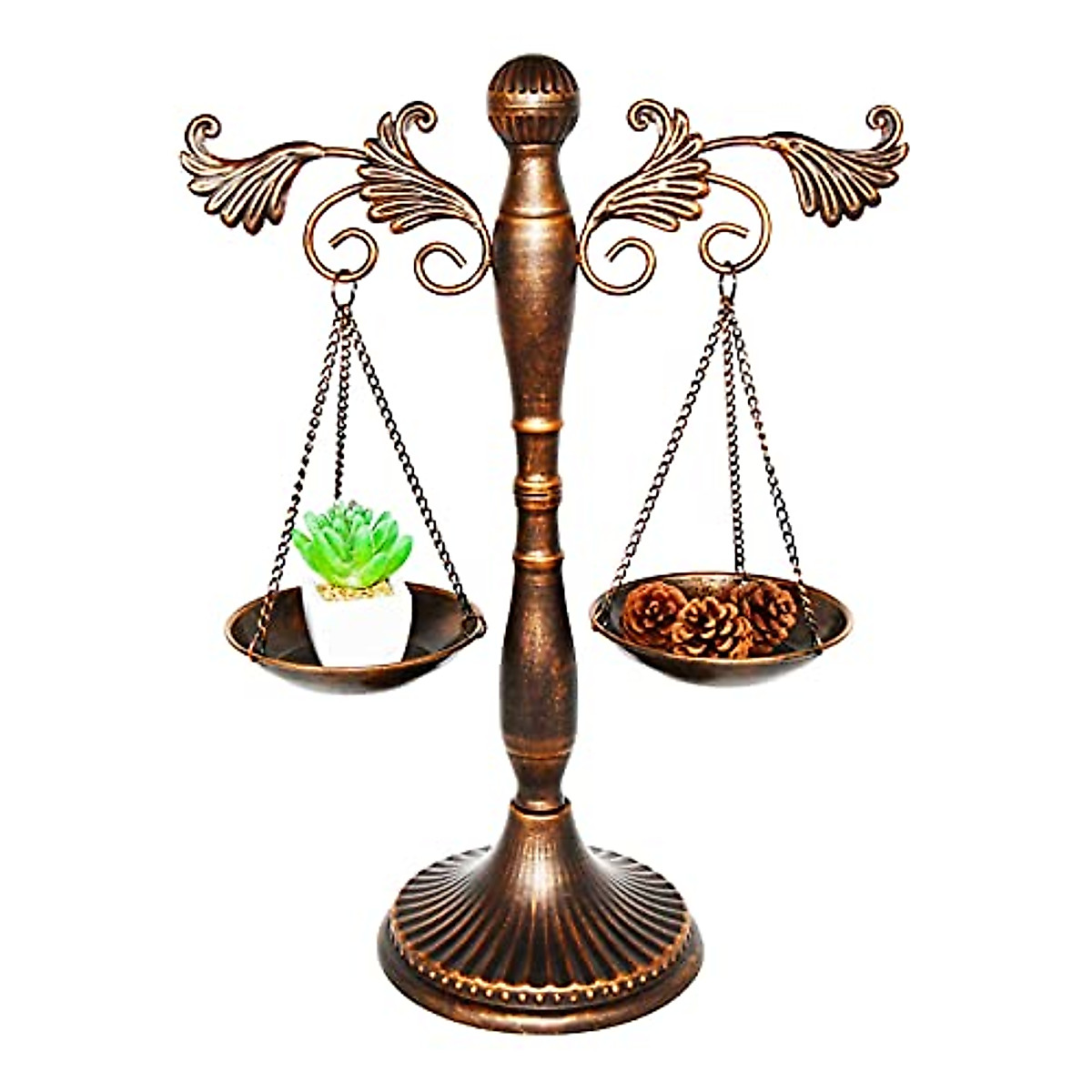 Owlgift Vintage Metal Libra Jewelry Display, Antique Scale Tray Cosmetic Organizer, Farmhouse Candleholder Lawyer of Justice, Unique Centerpiece Stand Storage – Bronze,13.6" W x 18.3" H