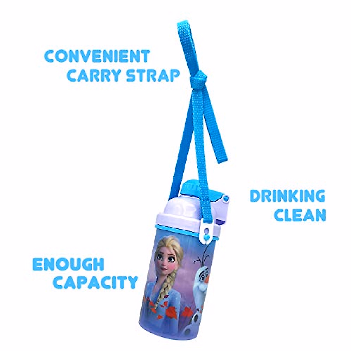 Zak Designs Disney Frozen One Touch Button Water Bottles with Reusable Built in Straw, Carrying Strap - Safe Approved BPA Free, Easy to Clean, for Kids Girls Boys, Goodies Home Travel