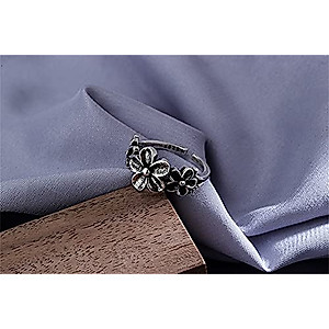 Vintage Plumeria Flower 925 Silver Plated Open Band Ring for Women Statement Adjustable Expandable Daisy Knuckle Finger Rings Comfort Fit Oxidized Retro Birthday Jewelry Gift