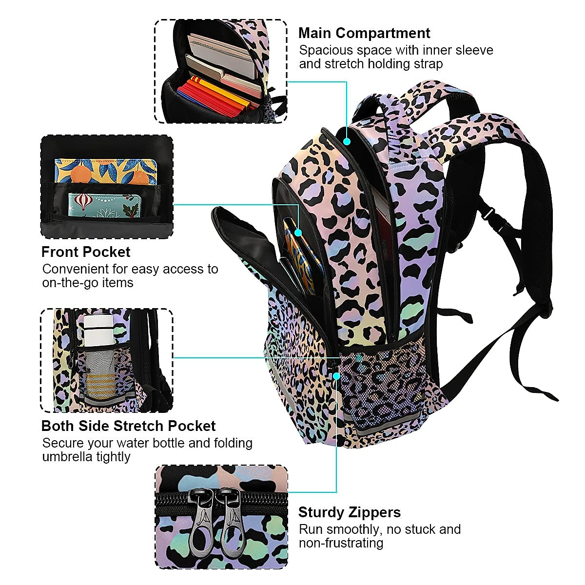 MNSRUU School Backpack with Chest Strap, Leopard Print Laptop Backpack, Travel Hiking Backpack for Boys Girls, Rucksack, Knapsack