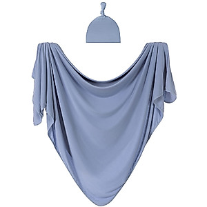 Bayceen Large Jersey Knitted Swaddle Blanket for Baby, Soft Stretchy Receiving Blanket for Newborns with Hat, Large 47 x 47 inches (Steel Blue)