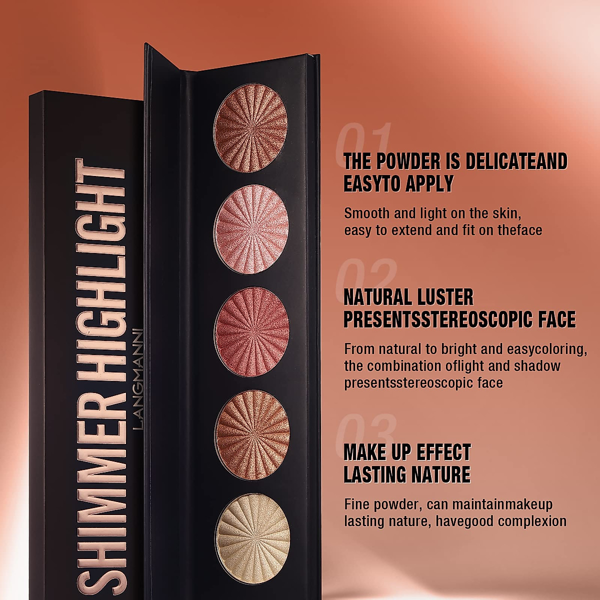 Highlighter Powder Palette, Makeup Palette Facial Bronzers Illuminator Palette Highlighter Baked Waterproof Long Lasting Brilliant Lighten Skin Color (5 Color, 1 Count (Pack of 1))