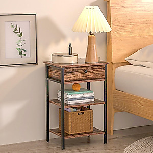 VECELO Tall End Side Table,Nightstand with Adjustable Shelf and Bin Drawer for Living Room/Bedroom/Entryway Small Spaces
