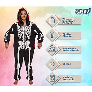 Funziez! Glow in the Dark Skeleton Adult Onesie - Halloween Costume - Plush One Piece Cosplay Suit for Adults, Women and Men