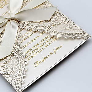 Picky Bride 25-Pack Ivory Laser Cut Lace Wedding Invitations Wraps with Shimmer Insert and Ribbon Bow, Elegant Invite Cards for Wedding/Bridal Shower/Birthday Party, 125 x 185mm (25 Invitations)