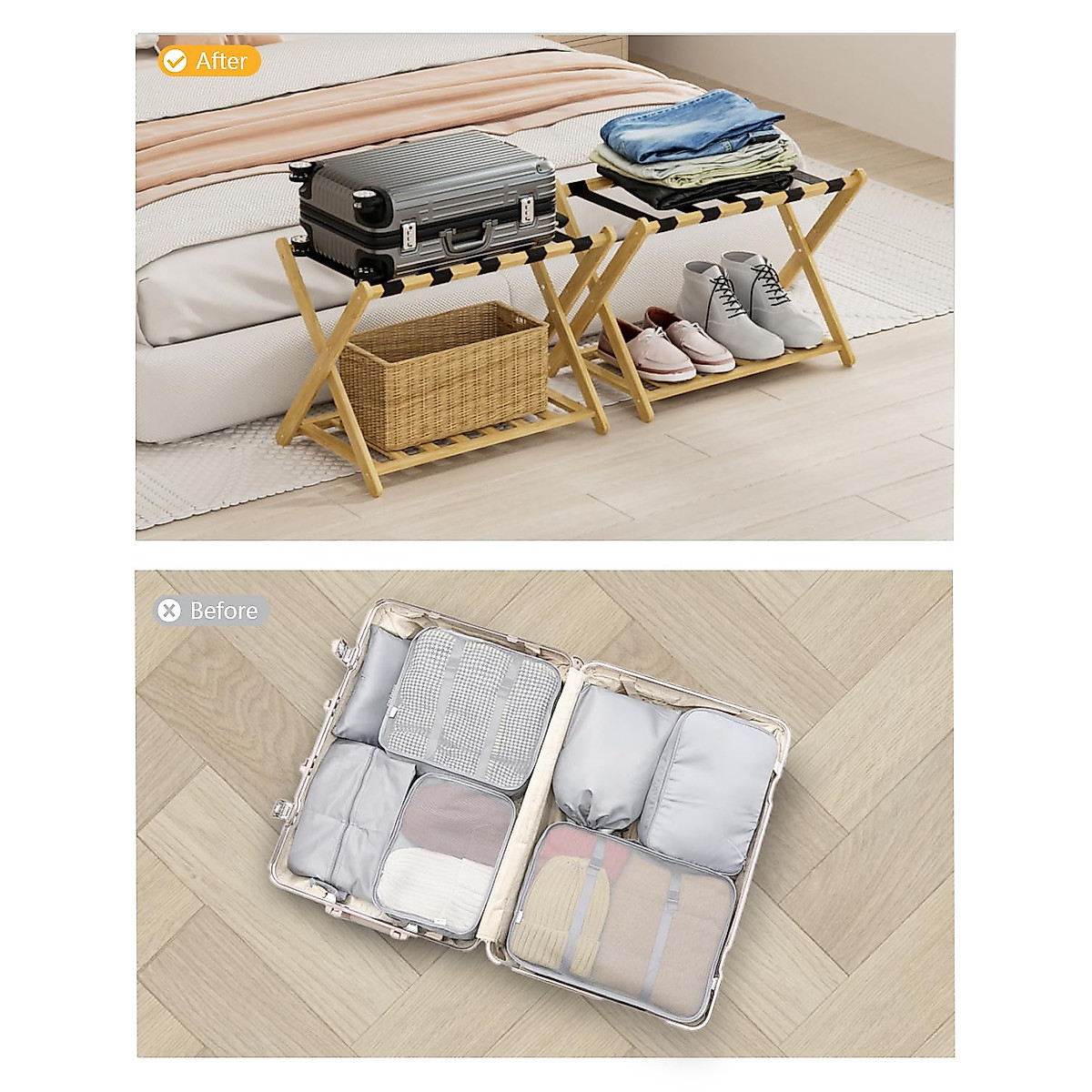 Luggage Rack, Folding Suitcase Stand with Storage Shelf, Natural Bamboo Suitcase Storage, Heavy-Duty Luggage Holder for Guest Room, Bedroom, Hotel, Luggage Racks for Suitcases, Holds up to 150lb