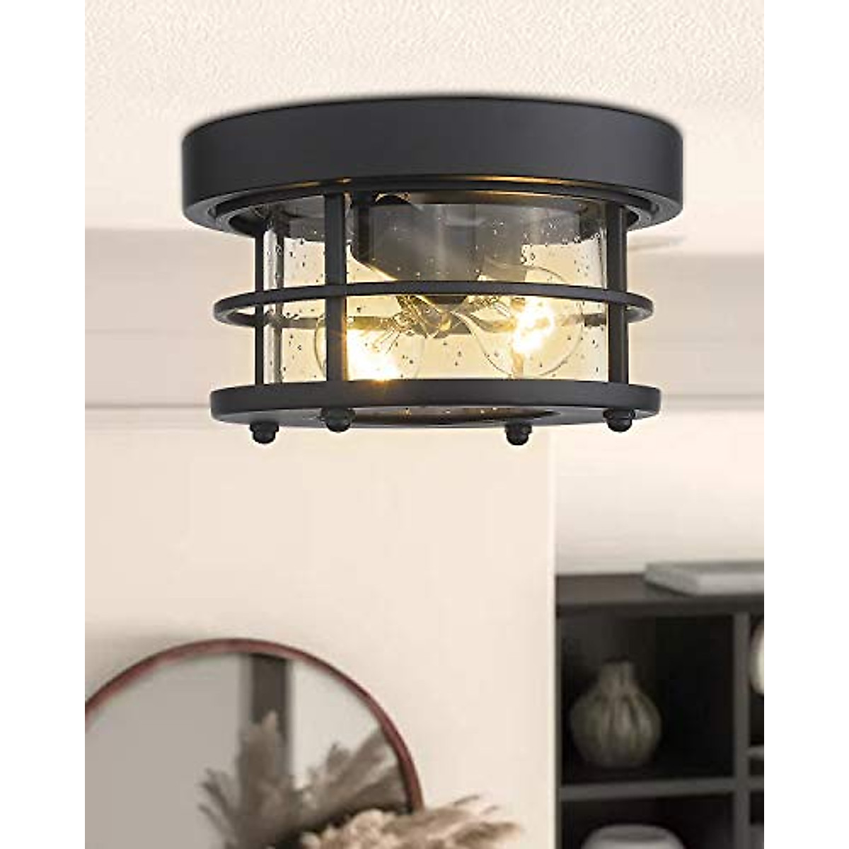Emliviar 2-Light Round Ceiling Light Fixture, Farmhouse Flush Mount Ceiling Light 10 Inch, Black Finish, WE2085F BK