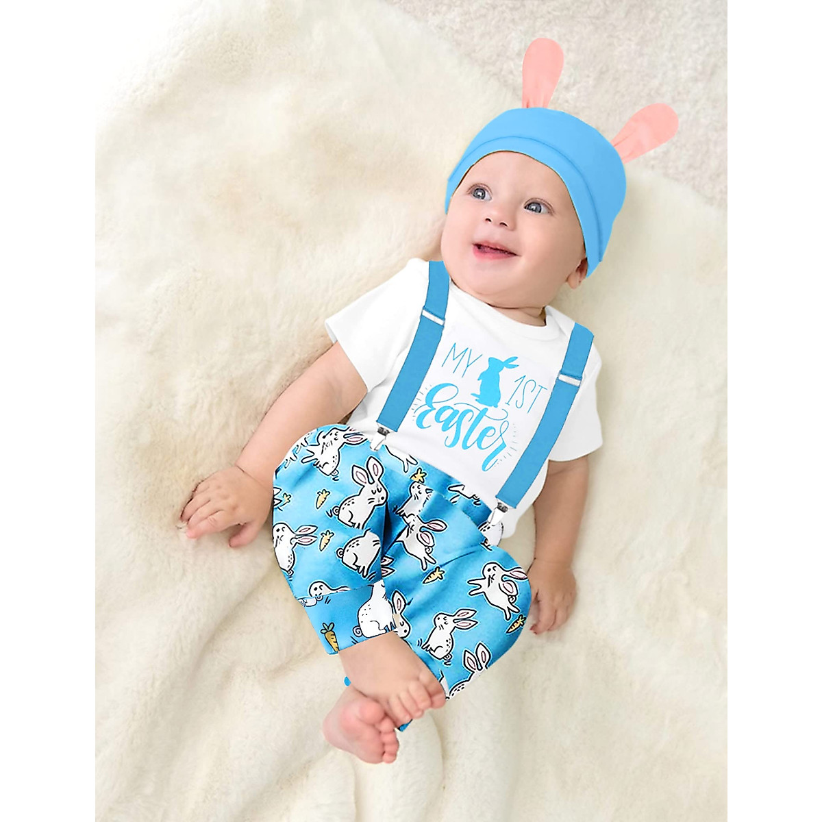 AGAPENG Baby Boy Easter Outfit Easter Outfit Baby Boy My First Easter Baby Boy Outfit Baby Boy Easter Outfit 0-3 Month Infant Short Sleeve Romper Bunny Suspender Pants Rabbit Ears Hat Blue