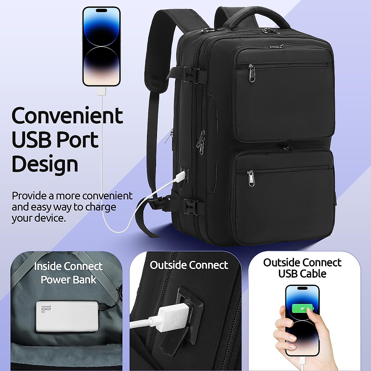 DWQOO Travel Backpack For Men, 3-in-1 Crossbody Shoulder Bag Business Briefcase, Flight Approved, Large Expandable Personal Item Backpack, 17.3 Inch Laptop Backpack with USB Charging Port, Black