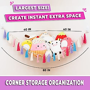 Familla Girls XL Toys & Stuffed Animal Hammock for Kids Room with LED String Light | Jumbo Toy Hammock Organizer | Corner Toy Net for Stuffed Animals & Plushie Storage | Macrame Plush Animal Net Toy Storage