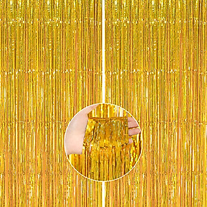 PartyWoo Foil Curtain Gold, 2 pcs 3.3x6.6 ft Gold Streamers, Tinsel Curtains, Fringe Backdrop, Tinsel Backdrop for Birthday Party, Christmas Photo Backdrop