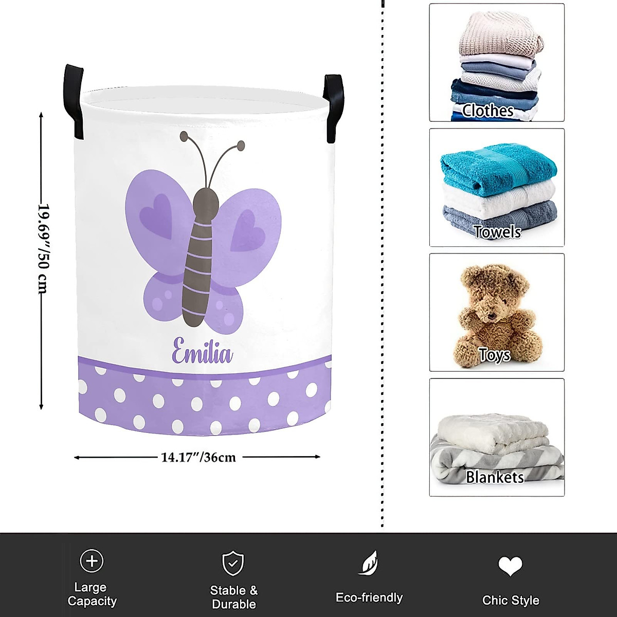 Personalized Laundry Basket Hamper,Butterfly Dots Purple,Collapsible Storage Baskets with Handles for Kids Room,Clothes, Nursery Decor