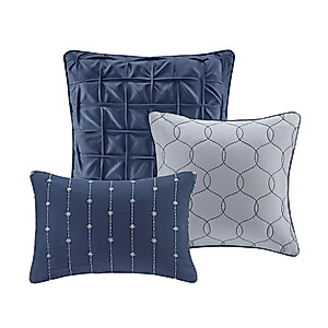 Madison Park Walter Comforter-Luxe Seersucker Print Design All Season Down Alternative Bedding, Matching Shams, Bedskirt, Decorative Pillows, California King (104 in x 92 in), Navy