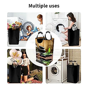 IBILIU Laundry Basket 50L Zen Basalt Stones And Spa Oil On The Wood Collapsible Laundry Hamper With Handle,Canvas Dirty Clothes Hamper For Laundry,Bathroom,Bedroom