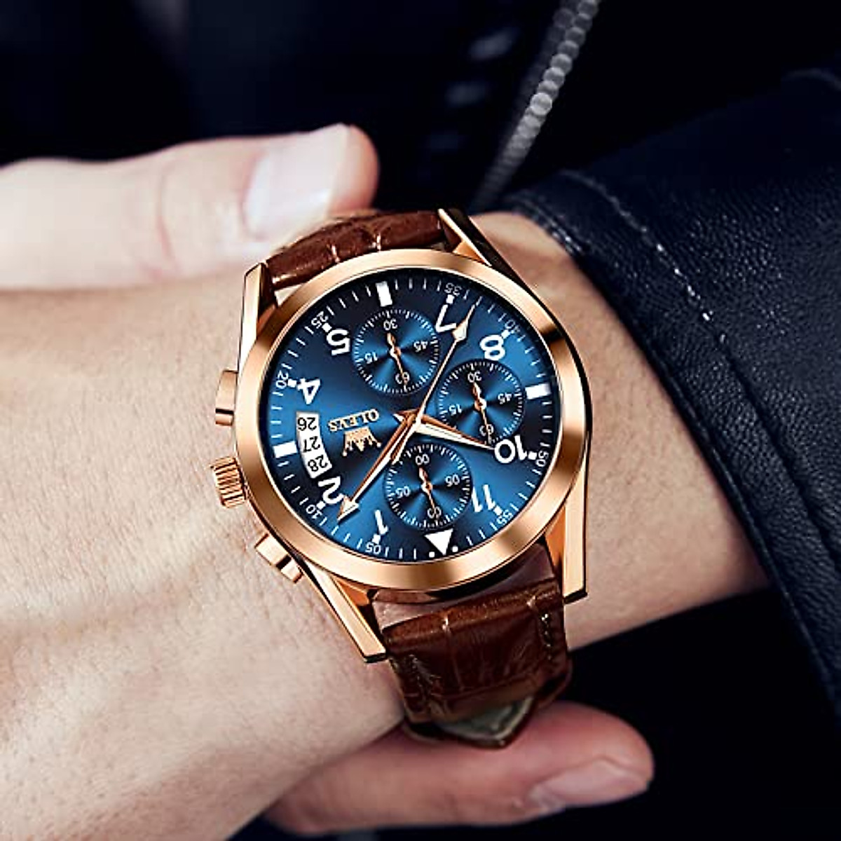 OLEVS Men's Wrist Watches, Waterproof Chronograph Quartz Sportes Men Watch for Father Husband Boyfriend Son Father's Day Gifts, Blue Dial, ROUND, Business