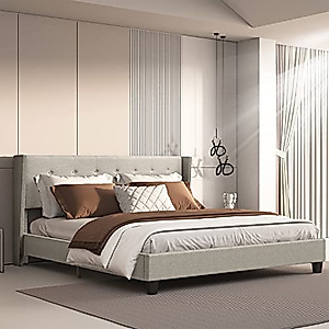 BONSOIR Bed Frame Upholstered Traditional Low Profile Platform with Wing Back Headboard/No Box Spring Needed/No Bed Skirt Needed/Linen Fabric Upholstery/Sand (Sand, King Size)