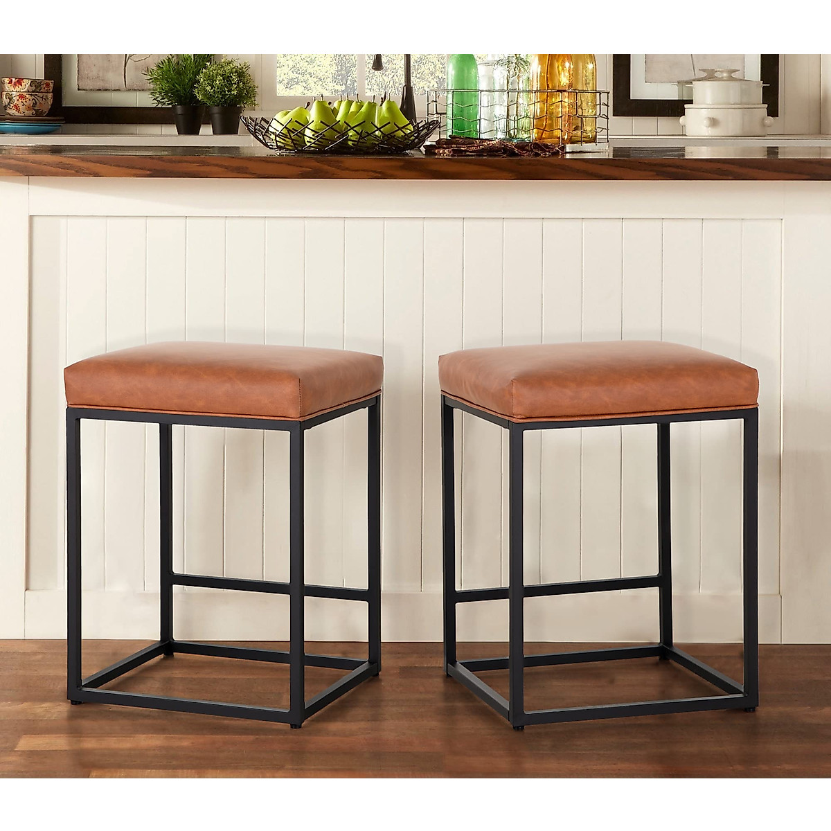 MAISON ARTS Counter Height 24" Bar Stools Set of 2 for Kitchen Counter Backless Modern Barstools Industrial Upholstered Faux Leather Stools Farmhouse Island Chairs, (24 Inch, Brown)