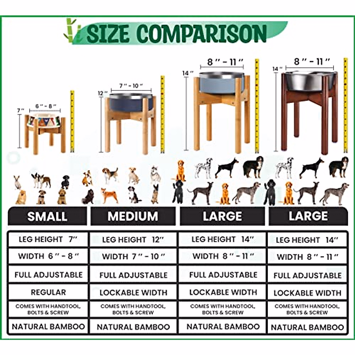 Dog Bowl Stand for Large Dogs - Height 14-inch, Adjustable, Lockable Width 8-11inches Wide - Food and Water Feeder Holder - Bamboo