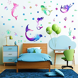 Mermaid Wall Decals for Girls Bedroom Decor, Colourful Creative Wall Stickers Quotes Removable Vinyl Home Decor for Kids Girl Living Room Nursery, DIY Wall Stickers Art Decoration