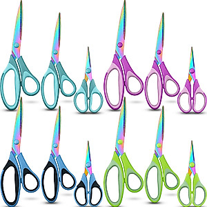 12 Pcs Titanium Blades Shears Craft Scissors Titanium Coating Fabric Scissors Multipurpose Pointed Scissors Bulk with Soft Rubber Grip Handle for Office Sewing Art School Home Supplies 3 Sizes
