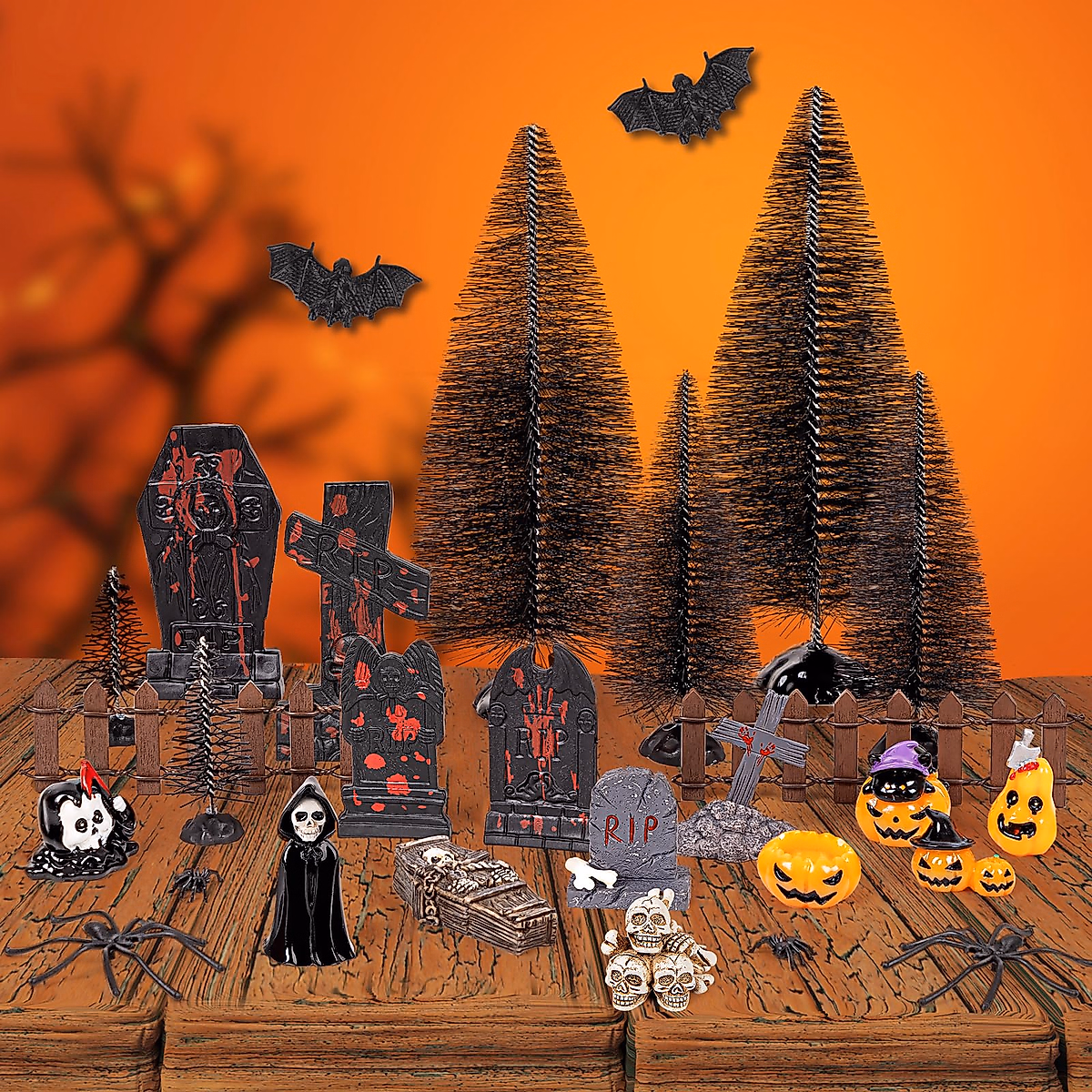 Halloween Village Ornaments Accessories Miniatures Include Pumpkins Skeletons Scary Dead Warlock Tombstones Coffin Spiders Pine Trees Fence Figurines for Hallowmas Party Decor