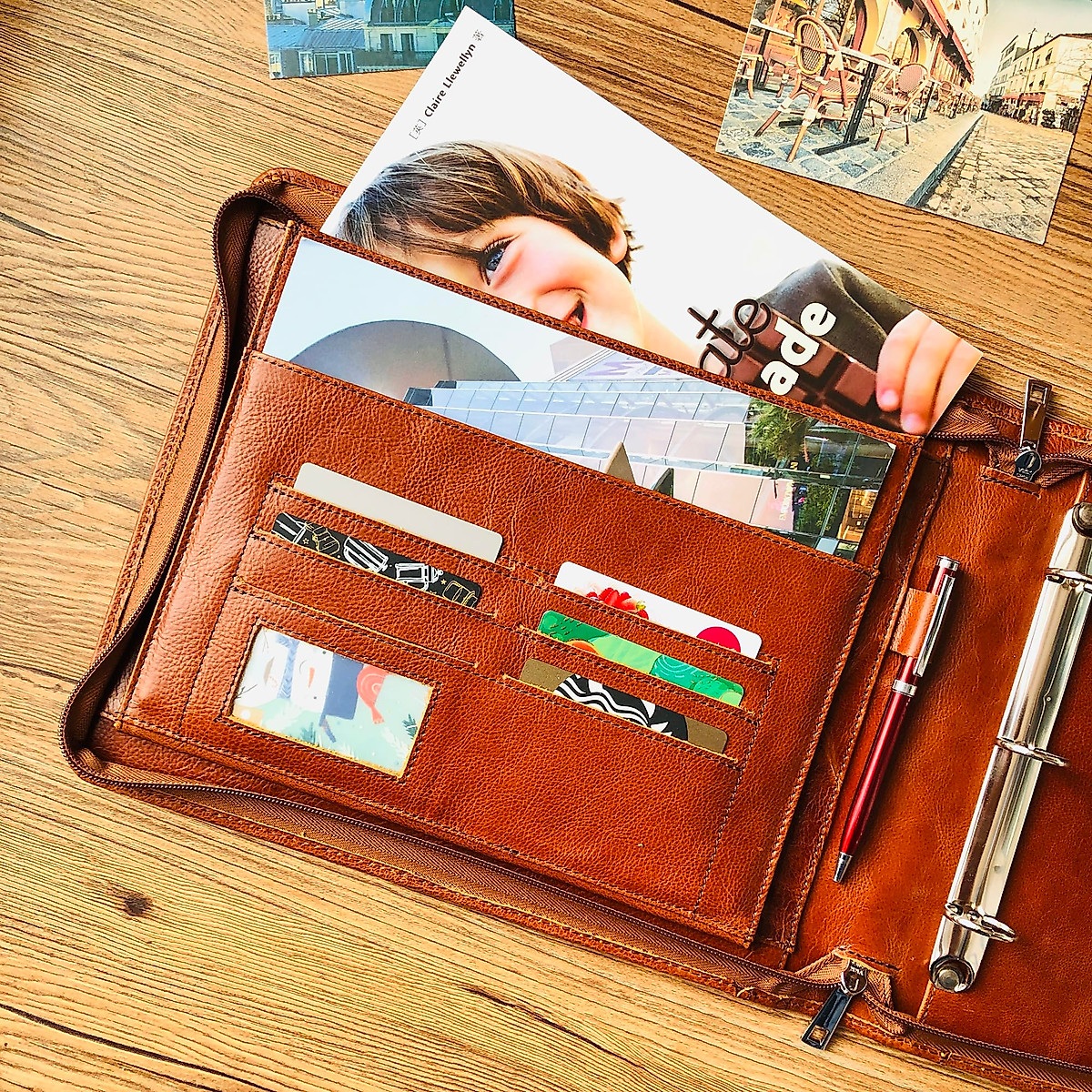 3 Ring Check Binder, Genuine Leather Check Book Portfolio for 3 Holes Checks or 9 Holes Checks, Fits 3-on-a-Page Business Checks, Check Book Binder 3 Ring for 11 1/4"x9", Oil Waxed Leather Brown