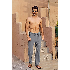Gafeng Mens Linen Pants Yoga Beach Loose Fit Casual Summer Elastic Waist Drawstring Baggy Trousers with Pockets Gray