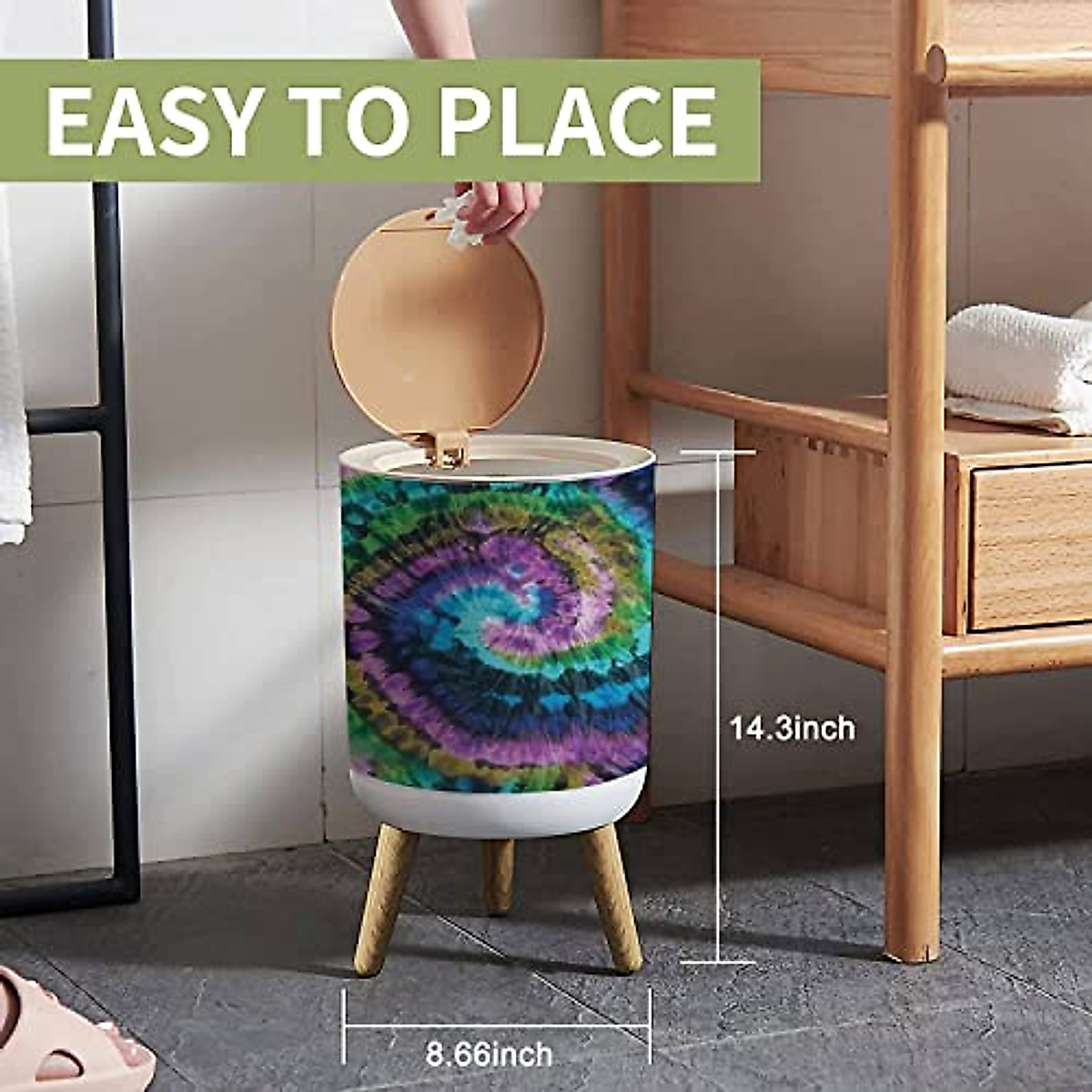 Small Trash Can with Lid Black Tie Dye Swirl Paint Brush Colored Tie Dye Multi Swirl Spiral Garbage Bin Wood Waste Bin Press Cover Round Wastebasket for Bathroom Bedroom Diaper Office Kitchen