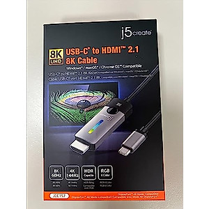 j5create USB Type C to HDMI Cable- 5.9FT / 1.8m (8K@60Hz, 4K@120Hz) with RGB LED Light for MacBook Pro, MacBook Air, iPad Pro, Samsung Galaxy, Surface Pro, Dell, HP (JCC157)