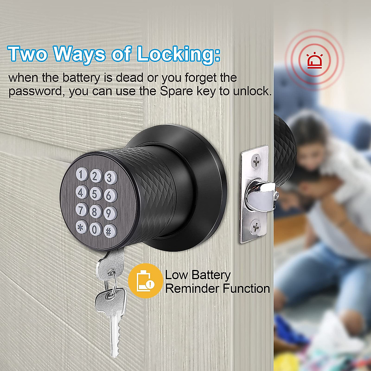 FITNATE Door Knob with Keypad,Digital Door Lock for Keyless Entry,Electronic Door Lock with Spare Keys,Auto Lock, Anti-Slip Handle, Easy to Install for Bedroom,Home and Office