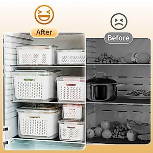 Mowdug 4 Pack Fruit Storage Containers with Removable Colanders for Fridge, BPA-Free, Vegetable Saver Container with Lid, Colander, Vent and Handle, Keep Fruits, Vegetables, Berry, Meat Fresh longer
