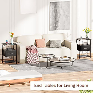 LAKEMID Nightstands Set of 2 with Charging Station and Drawer, End Table Bedside Table with 20 Colors LED Light Strip and 2 Layers Shelf for Bedroom Living Room Sofa Couch (Black)