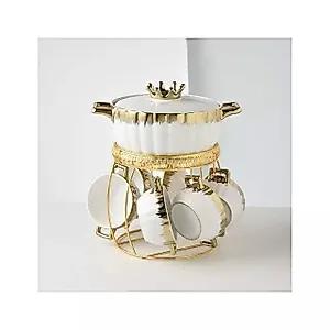 TFE's Fancy Ceramic Soup Tureen Bowl Gift Set with 6 Soup Bowls/Cups with Handles, Gold Stand & Lid, Hotpot Style Home Decor Kitchen Utensils Set for Ramen Pasta Gravy (White and Gold)