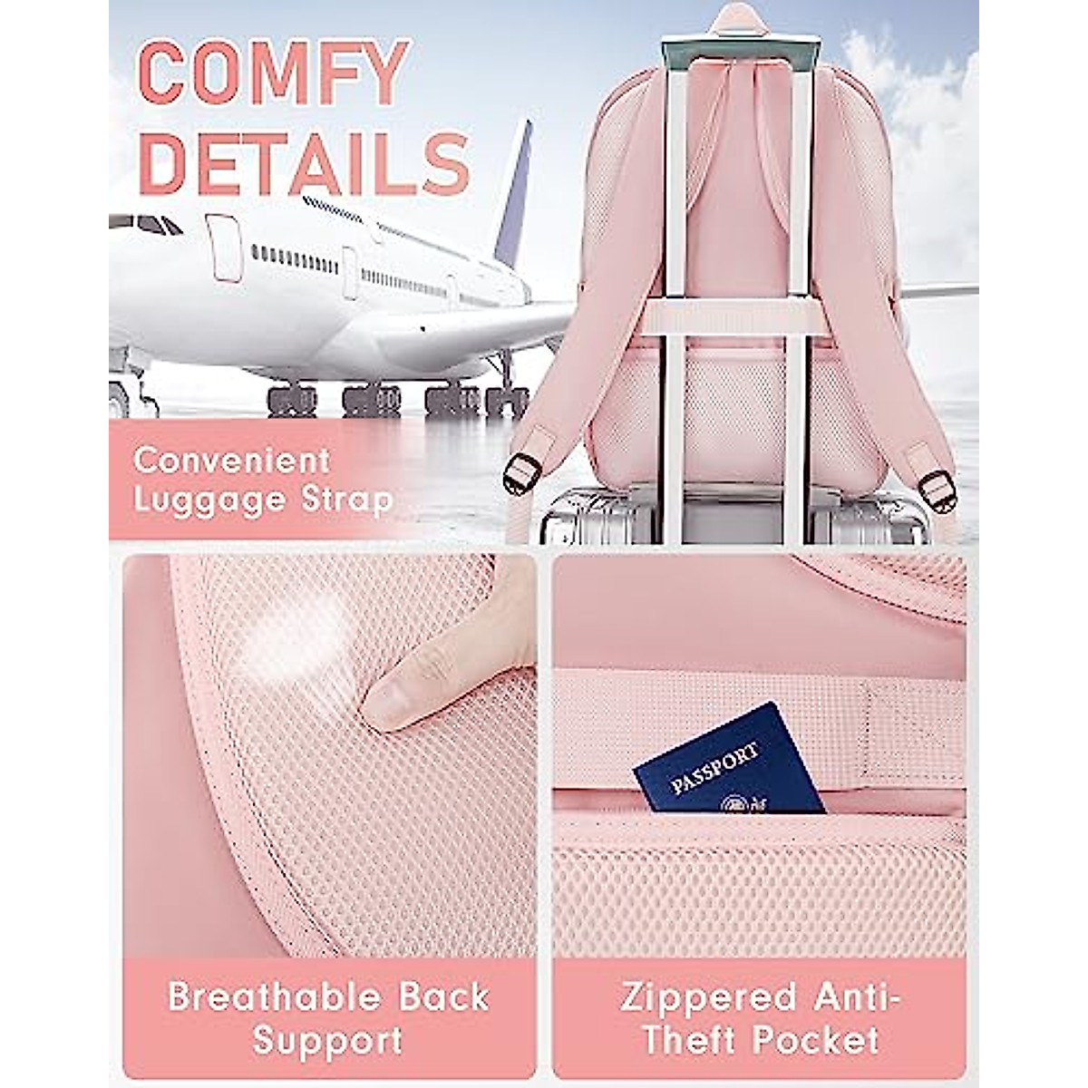 Backpack for Women College, Anti Theft 17 Inch Laptop Backpack with USB Charging Port, Large TSA Water Resistant Airline Approved Lightweight Travel Daypack Cute Nurse Work Weekender Computer Bag,Pink